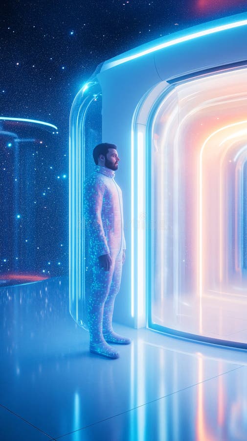 Futuristic Scene with Man in Spacesuit Exploring Neon-Lit Space ...