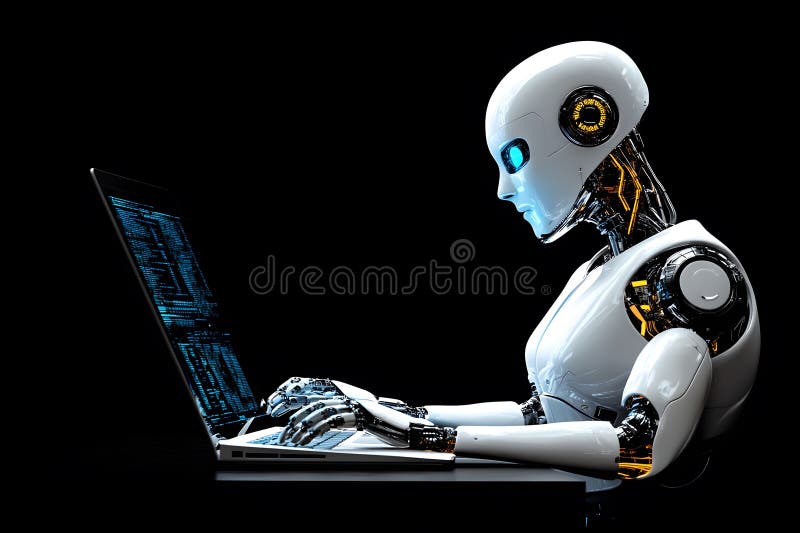 A Futuristic Scene of a Modern Human-like Robot Sitting at a Sleek Desk ...