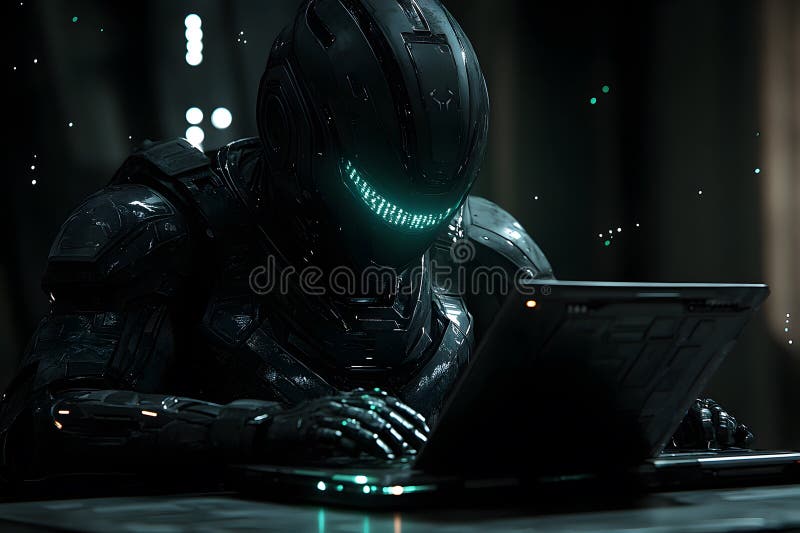 Futuristic Scene Modern Human Like Robot Sitting Sleek Desk Intensely Using Laptop Hacker Stock ...