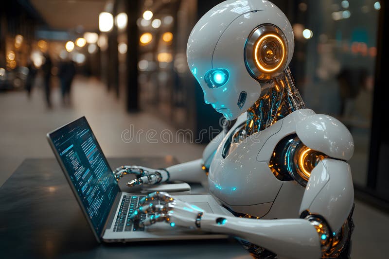 A Futuristic Scene of a Modern Human-like Robot Sitting at a Sleek Desk, Intensely Using a ...