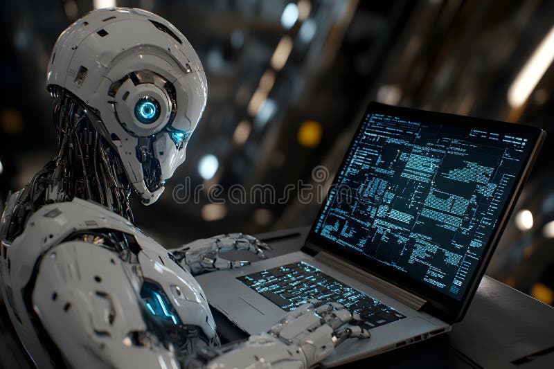 A Futuristic Scene of a Modern Human-like Robot Sitting at a Sleek Desk, Intensely Using a ...