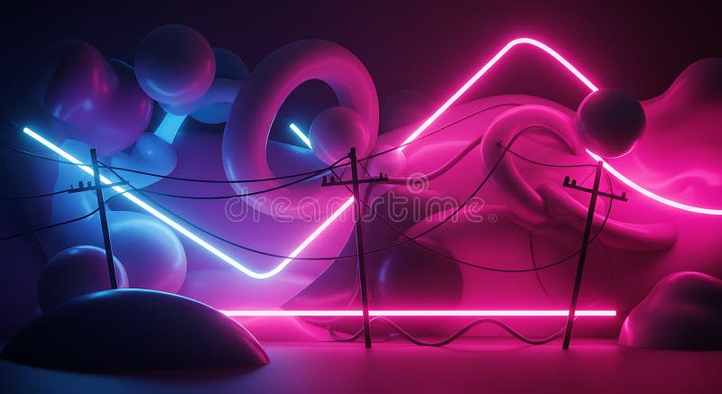 Futuristic Scene with Neon Lights and Abstract Shapes. Curving Pink and ...