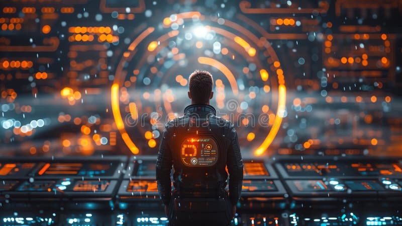 Futuristic Scene with Person in Cyber Suit Looking at Glowing Digital ...