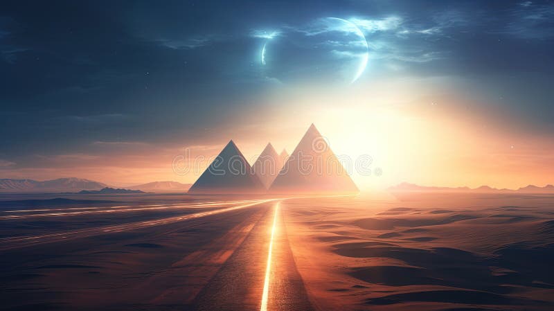 A Futuristic Scene with Pyramids and a Neon Light Pathway, Blending ...