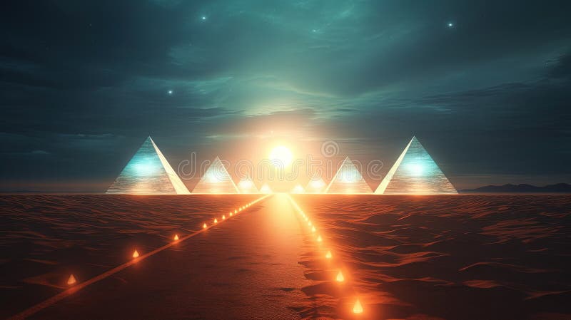 A Futuristic Scene with Pyramids and a Neon Light Pathway, Blending ...