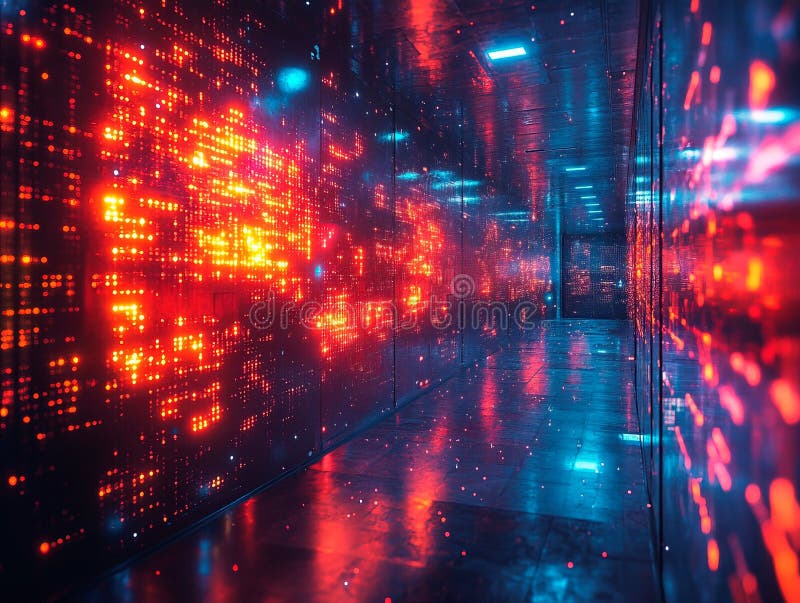 A Futuristic Scene, Reminiscent of Matrix, with a Long Corridor ...