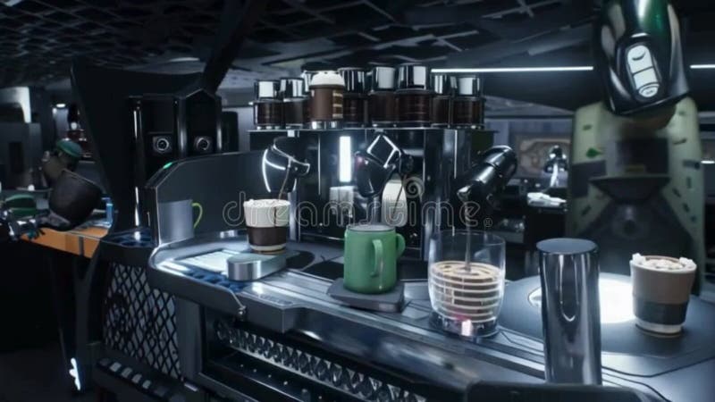 A Futuristic Scene with a Robotic Coffee Machine Preparing Multiple ...