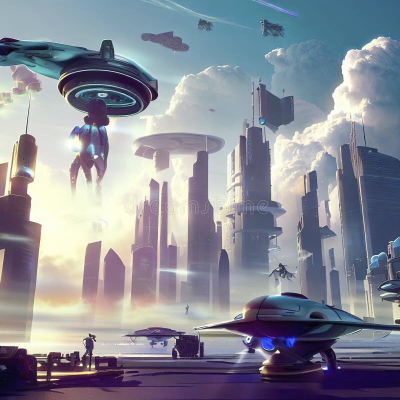 Futuristic Scene with Skyscrapers, Hovercrafts and Robots Stock ...