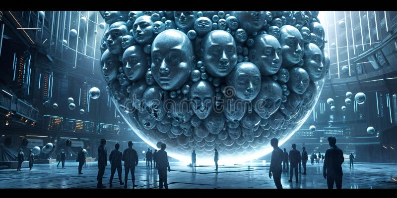 Futuristic Scene with a Sphere of Human Faces Stock Illustration ...