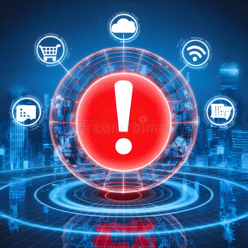 Futuristic Scene Spherical Structure with Red Exclamation Mark, Digital ...