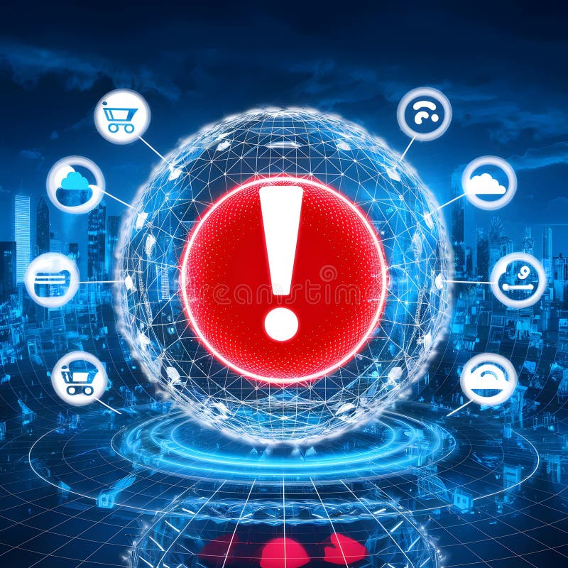 Futuristic Scene Spherical Structure with Red Exclamation Mark, Digital ...