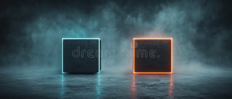 A Futuristic Scene with Two Glowing Cubes in a Dark Room. Stock Image - Image of black, light ...