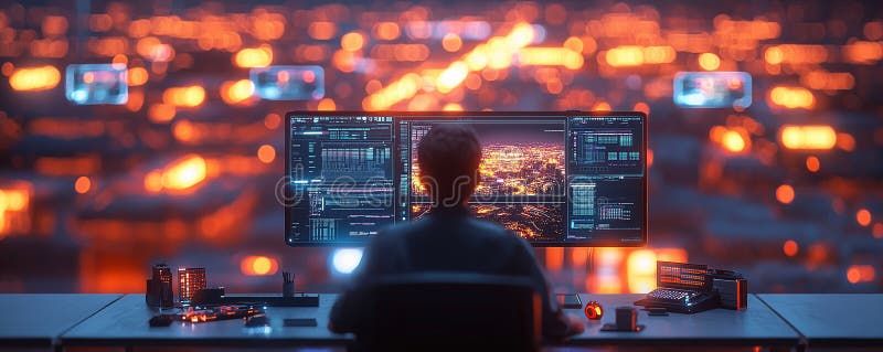 Futuristic Vfx Artist Working at High-tech Workstation Above Glowing ...