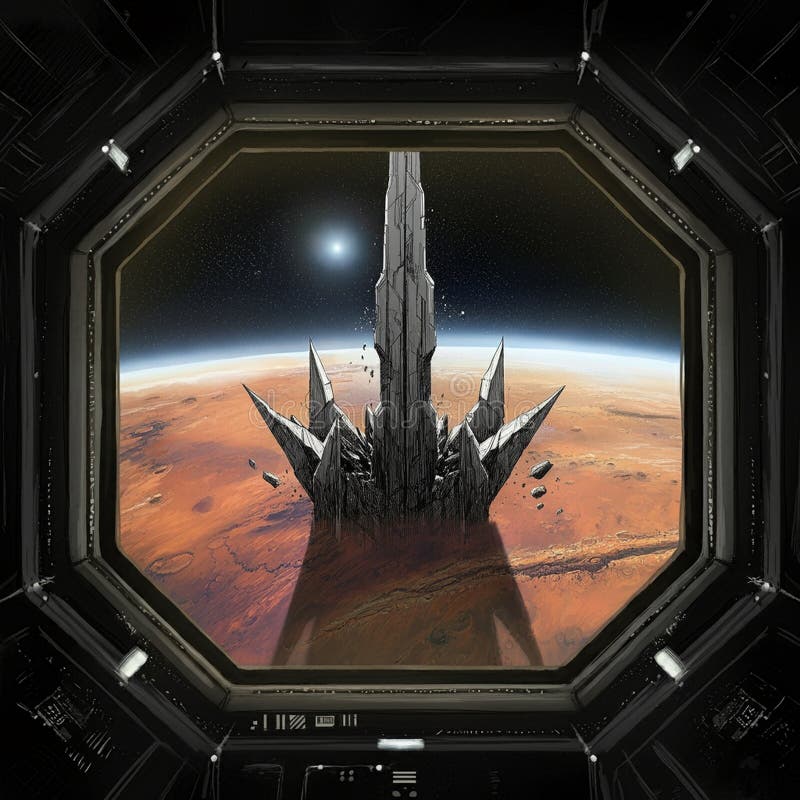 Futuristic Scene Viewed through an Octagonal Window, Depicting a ...