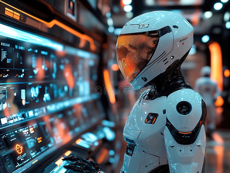A Futuristic Scene with a White, Helmeted Robot Interacting with ...