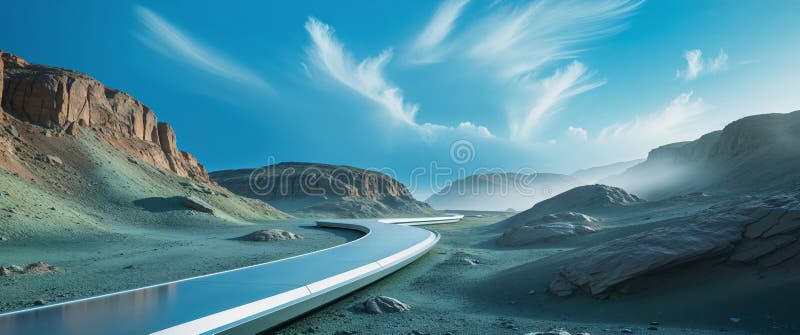 Futuristic Scenic Pathway with Glowing Blue Sky and Rocky Landscape ...