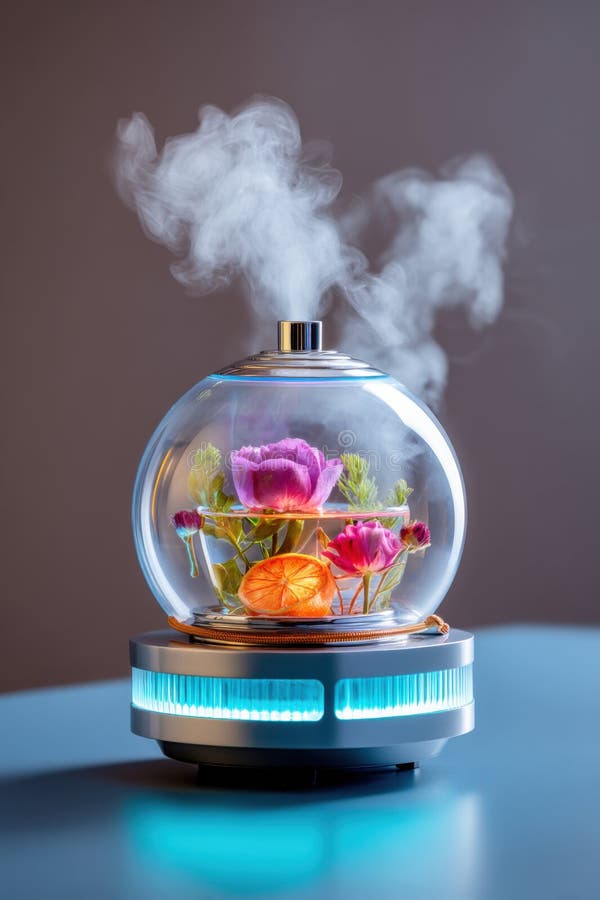 Futuristic Scent Diffuser Emitting Fragrant Vapor with Flowers and Orange Slice Stock Image ...