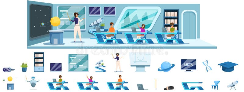 Futuristic School Vector. a Classroom Scene with a Teacher and Students ...