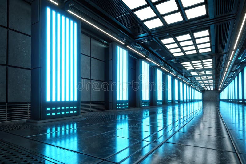 Futuristic Sci-Fi Background: Blue Glowing Bars and Metallic Reflection ...