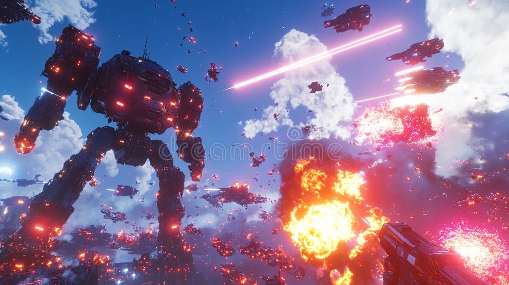 Futuristic Sci-Fi Battlefield with Massive Robot in Action Stock ...