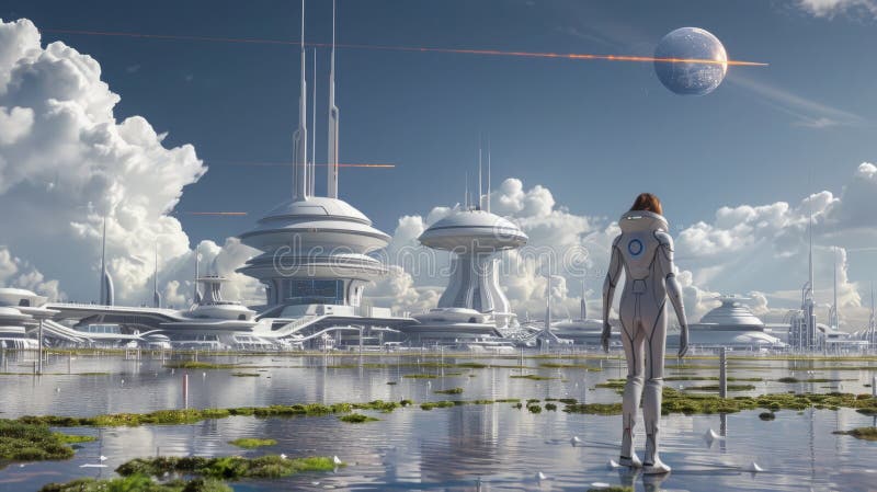 Futuristic Sci-fi Cityscape with Walking Explorer Under Alien Sky Stock ...
