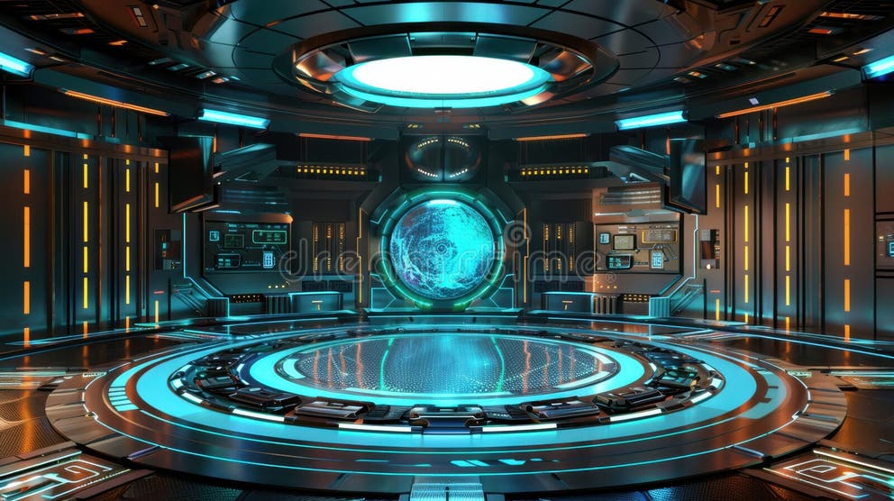 Futuristic Sci-Fi Command Center Interior with Hologram Technology Stock Photo - Image of space ...