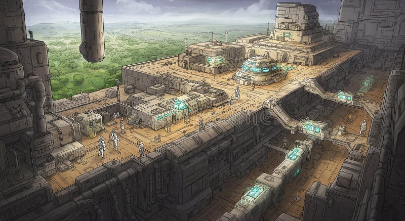 Futuristic Sci-fi Complex with Industrial Architecture Set in a Lush ...