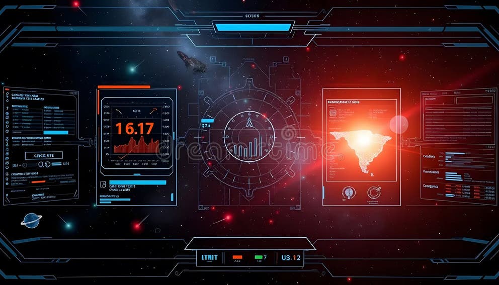 Futuristic Sci Fi Control Panel Interface with Glowing Digital Displays ...