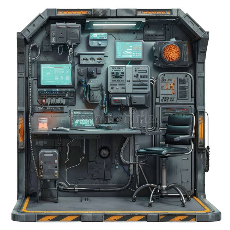 Futuristic Sci Fi Control Room with Computer and Empty Chair Stock ...