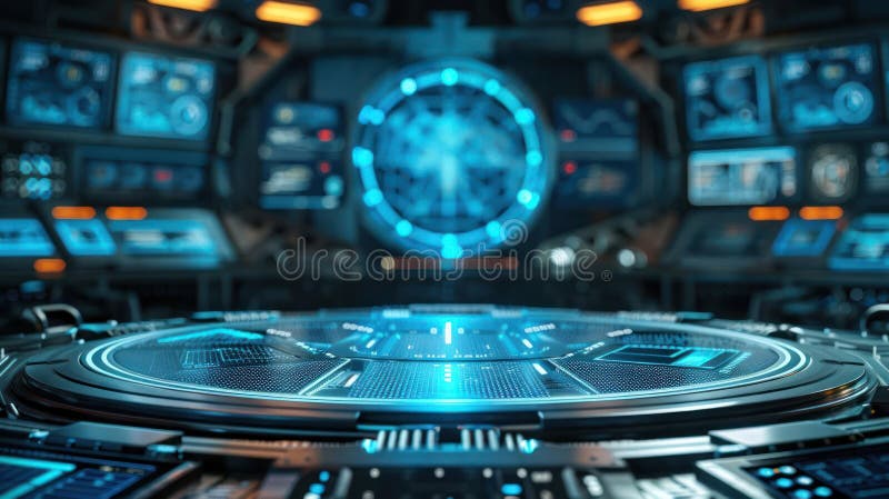 Futuristic Sci-Fi Control Room with Glowing Interface and Rotating ...