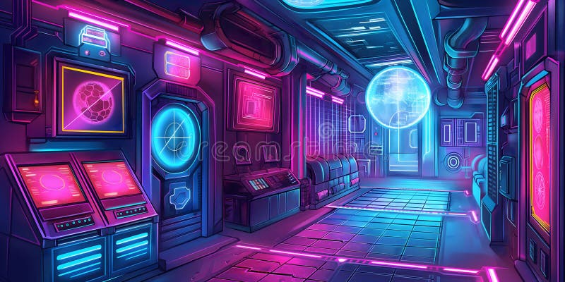 Futuristic Sci-fi Corridor Background with Neon Lights, Holographic ...
