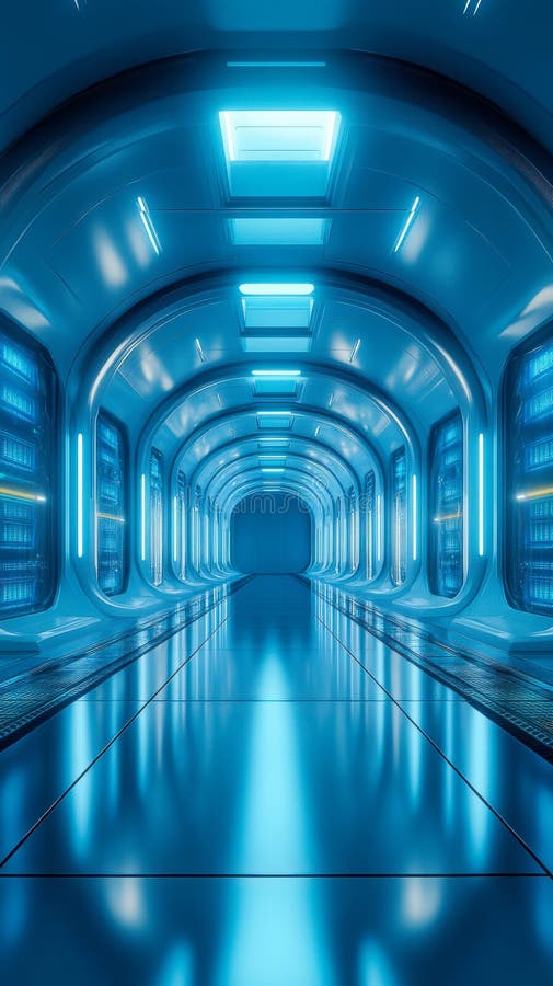 Futuristic Sci-fi Corridor with Blue Lighting and Sleek Metal Walls in ...