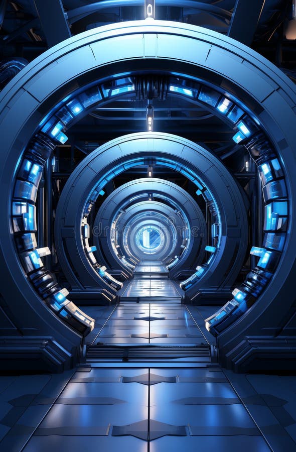 Futuristic Scifi Corridor With Blue Neon Lights And Metallic Arches In