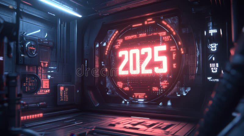 Futuristic Sci-Fi Corridor Elevator with 2025 Hologram Display Stock ...