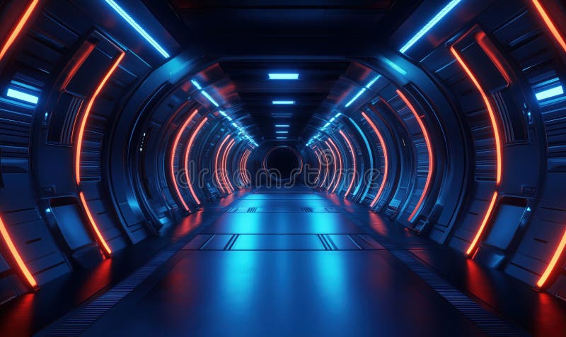 Futuristic Sci-fi Corridor with Glowing Blue and Red Lights in a Sleek ...