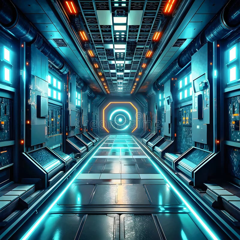 Futuristic Sci-Fi Corridor with Glowing Hexagonal Portal Stock ...
