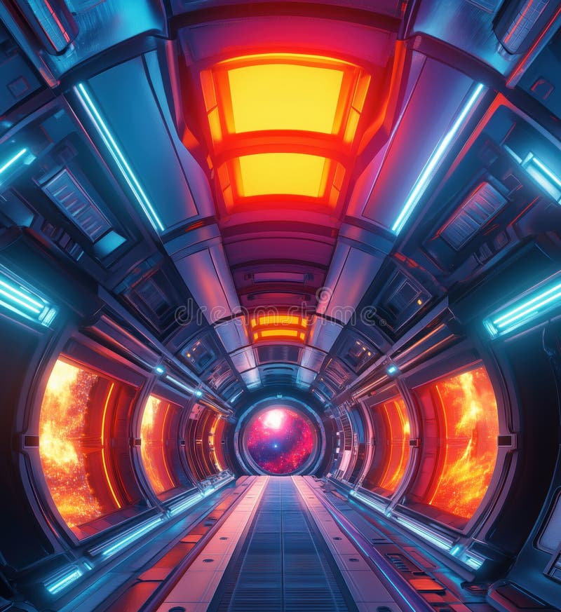Futuristic Sci-fi Corridor with Glowing Lights and Cosmic View through ...