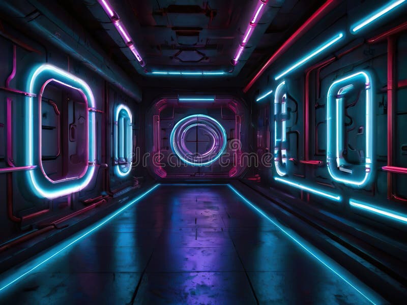 Futuristic Sci-fi Corridor with Glowing Neon Lights Stock Illustration ...