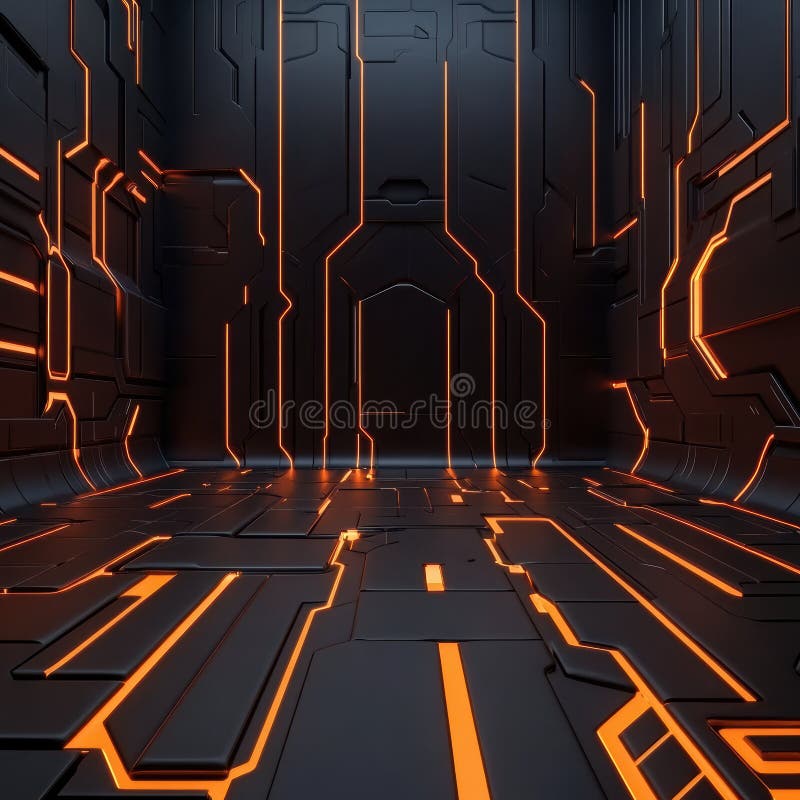 Futuristic Sci Fi Corridor with Glowing Orange Neon Lines Stock Photo ...