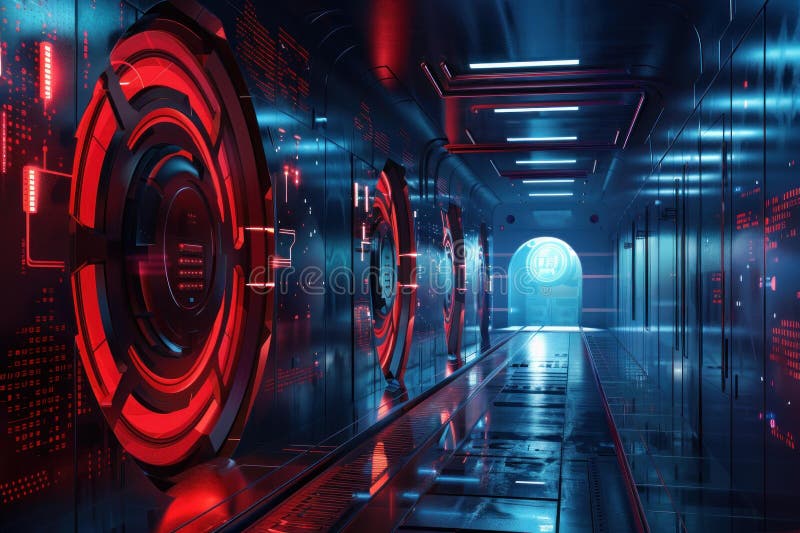 Futuristic Sci Fi Corridor with Holographic Interface Stock Illustration - Illustration of ...
