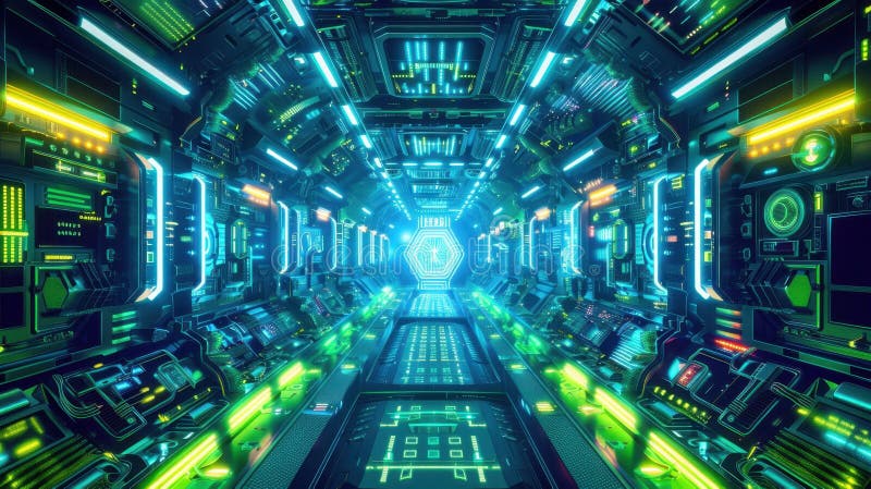 Futuristic Sci-Fi Corridor with Neon Lights and Advanced Technology ...
