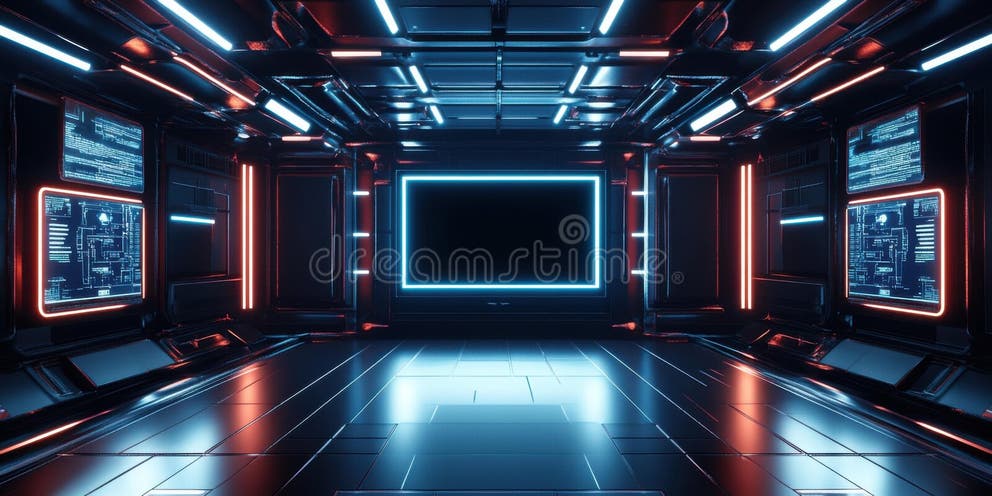 Futuristic Sci-Fi Corridor with Neon Lights and Blank Screen Stock ...