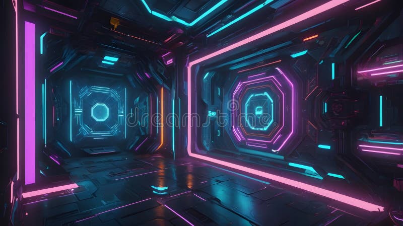Futuristic Sci-Fi Corridor with Neon Lights in 4K Stock Image - Image ...