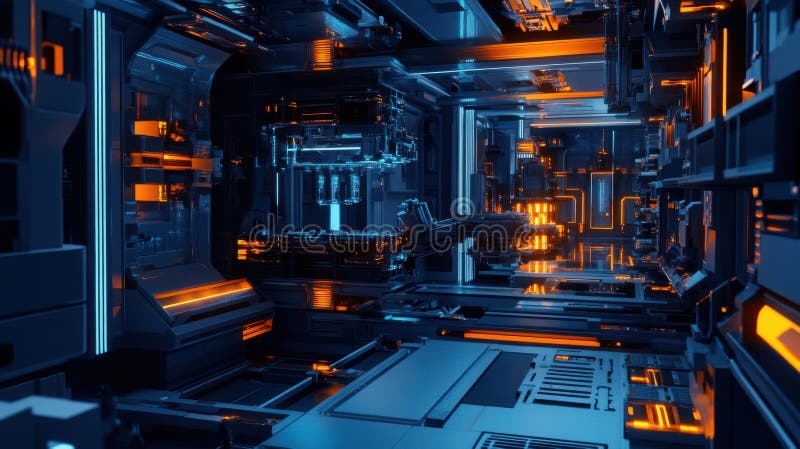 Futuristic Sci-fi Corridor with Neon Orange and Blue Lighting. AI and ...