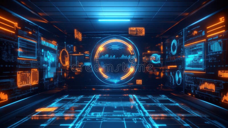 Futuristic Sci Fi Digital Interface Room with Neon Lights and ...