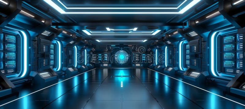 Futuristic Sci Fi Empty Spaceship Corridor with Blue Lights and ...