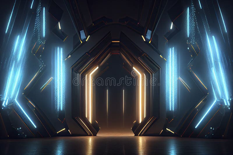 Futuristic Sci Fi Empty Stage Neon Glowing Lights Abstract Background