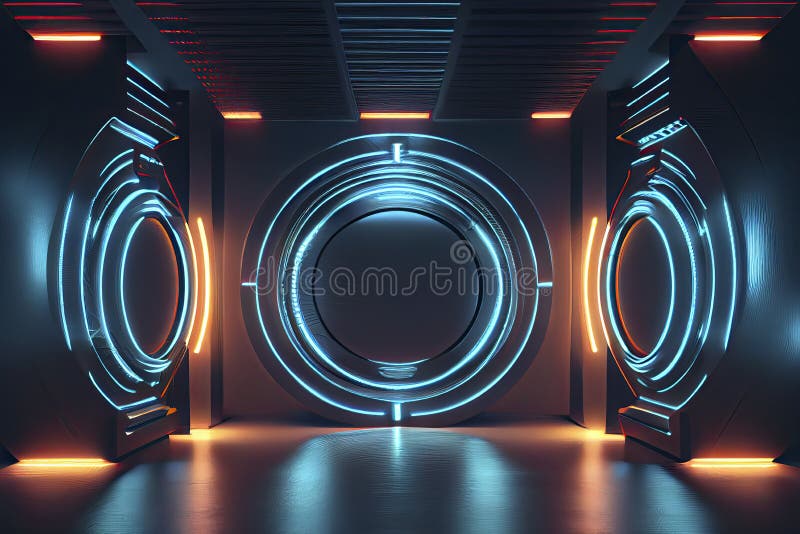 Futuristic Sci Fi Empty Stage Neon Glowing Lights Abstract Background