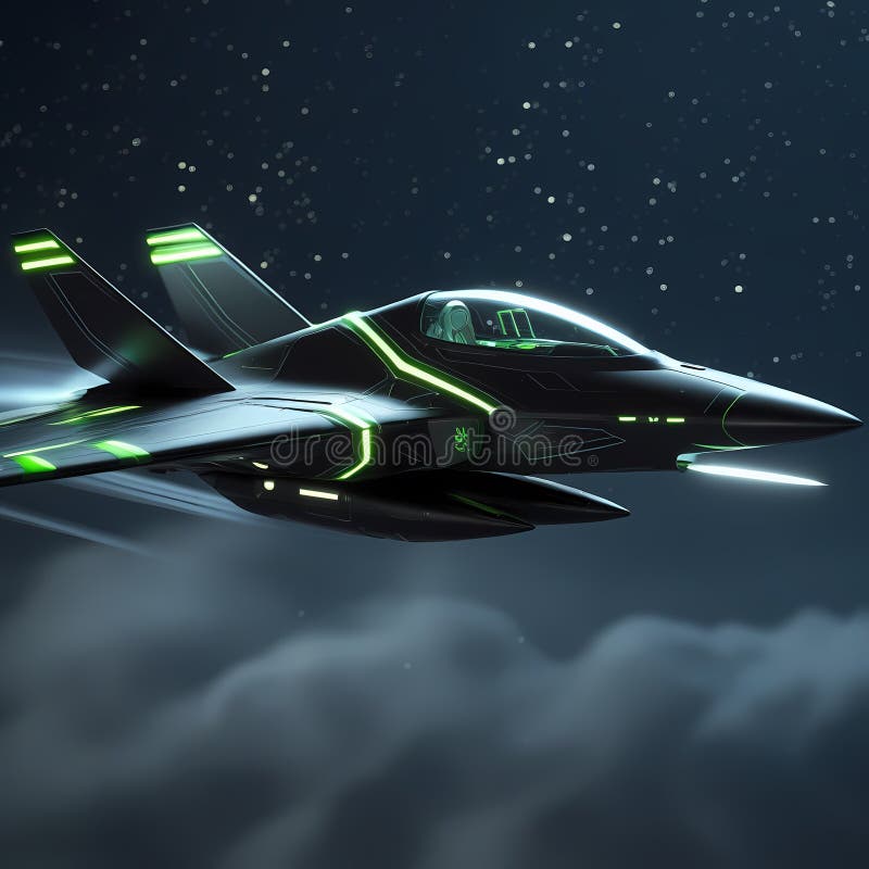 Futuristic Sci-Fi Fighter Jet Flying through Outer Space with Neon ...