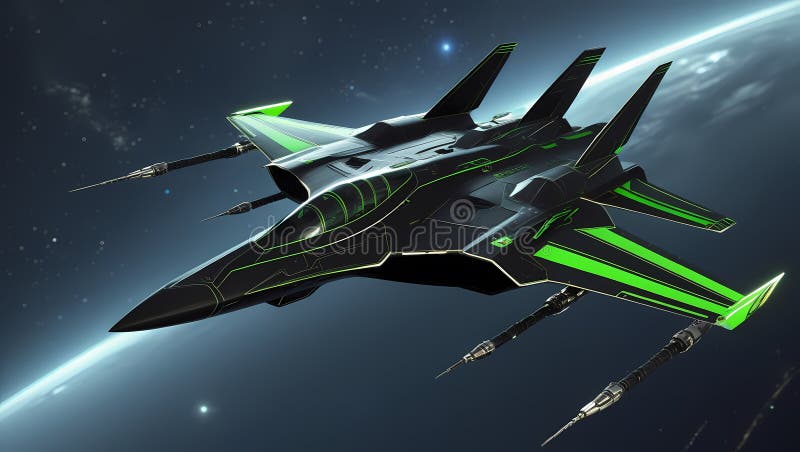 Futuristic Sci-Fi Fighter Jet Flying through Outer Space with Neon ...